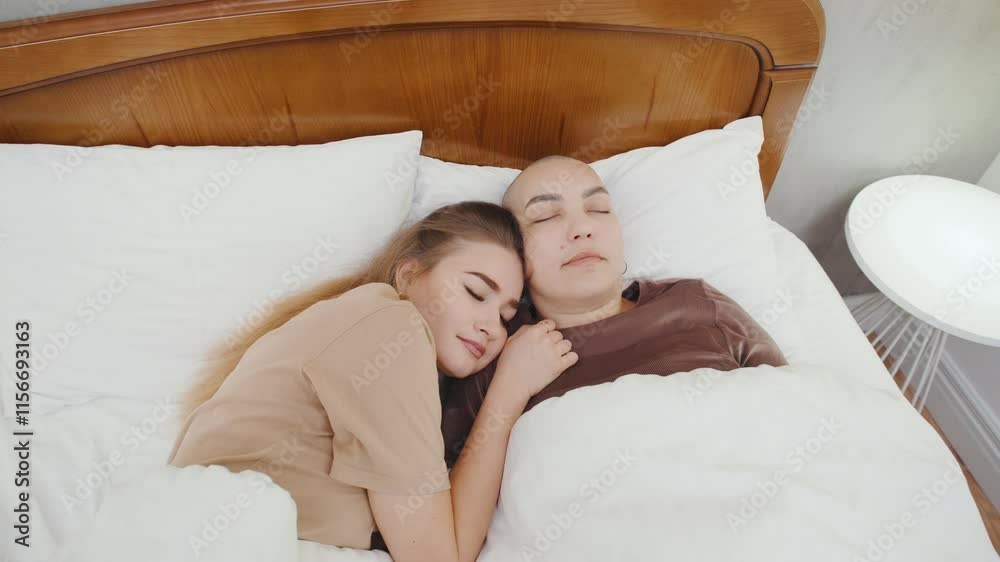 Two lesbians sleep peacefully in bed, cuddling closely, enjoying a ...
