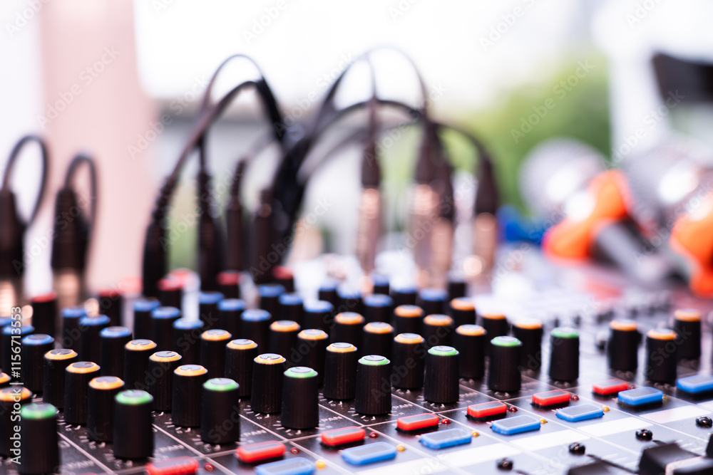Hi-Fi system console control panel audio equipment Close-up of digital ...