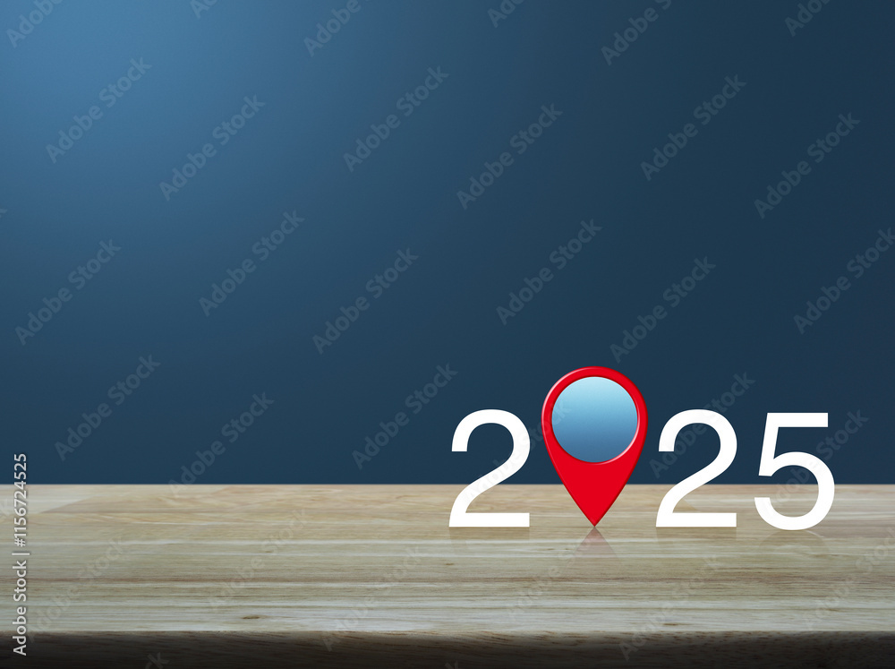 2025 letter with map pin location icon on wooden table over light blue ...