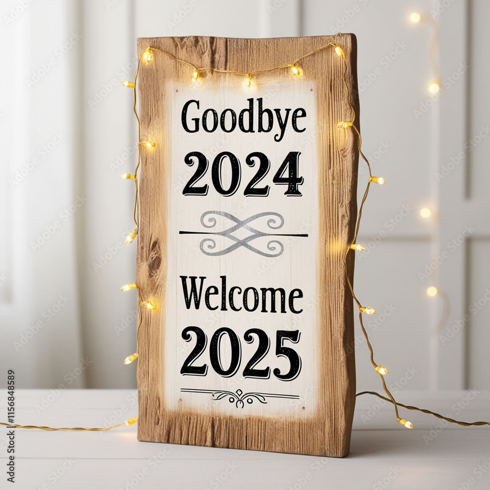 Foto de A rustic wooden sign reads "Goodbye 2024" in gold cursive and ...