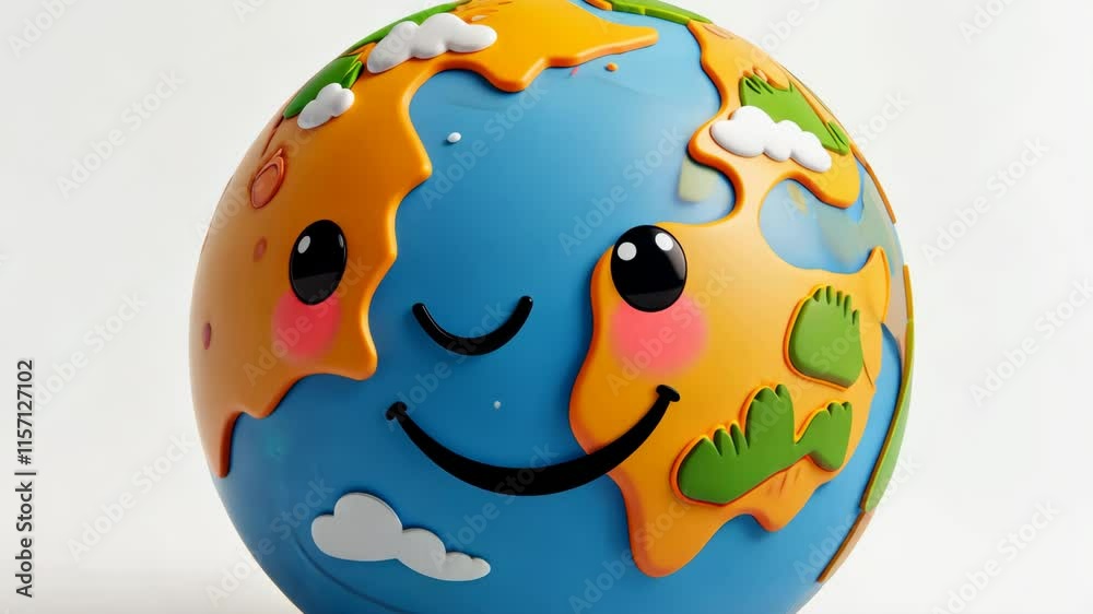 3d of a stylized earth globe with a smiling face and a white cloud ...