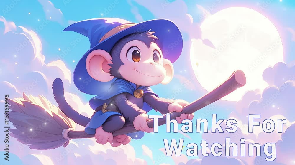 Magical monkey flying on a broomstick under a glowing moonlit sky ...