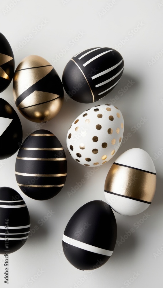 Monochrome Easter eggs with golden, black and white minimalist patterns ...