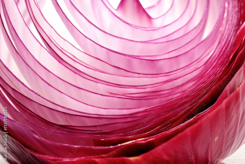 High-resolution macro image of a freshly cut red onion, focusing on the ...