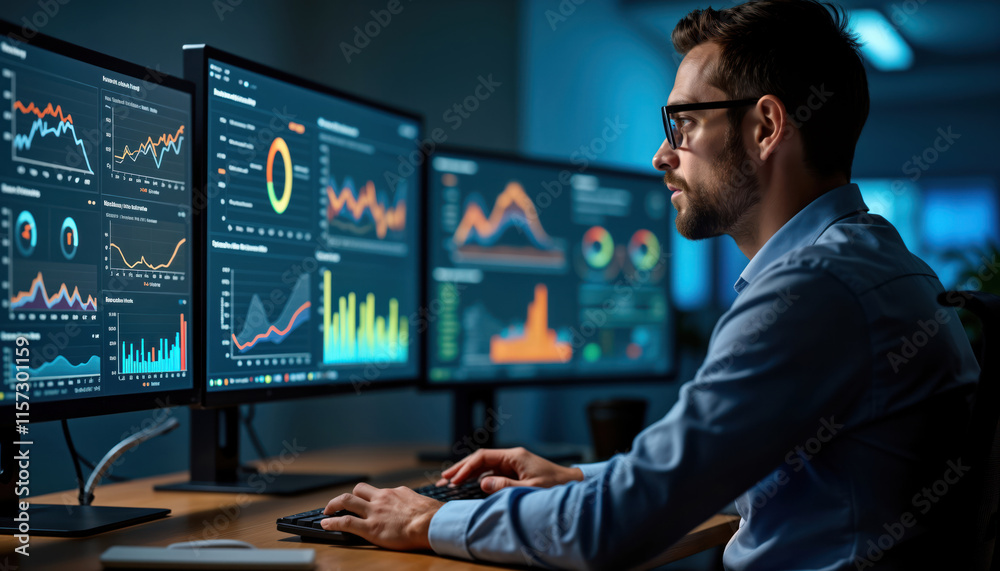 Analyst reviews tech dashboards. Multiple computer screens display data visualizations. Business ...