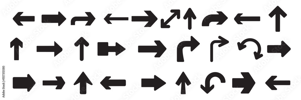 A collection of various black directional arrows, including straight ...