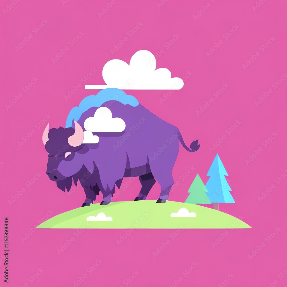 Purple Bison in a whimsical landscape, a vibrant illustration featuring ...