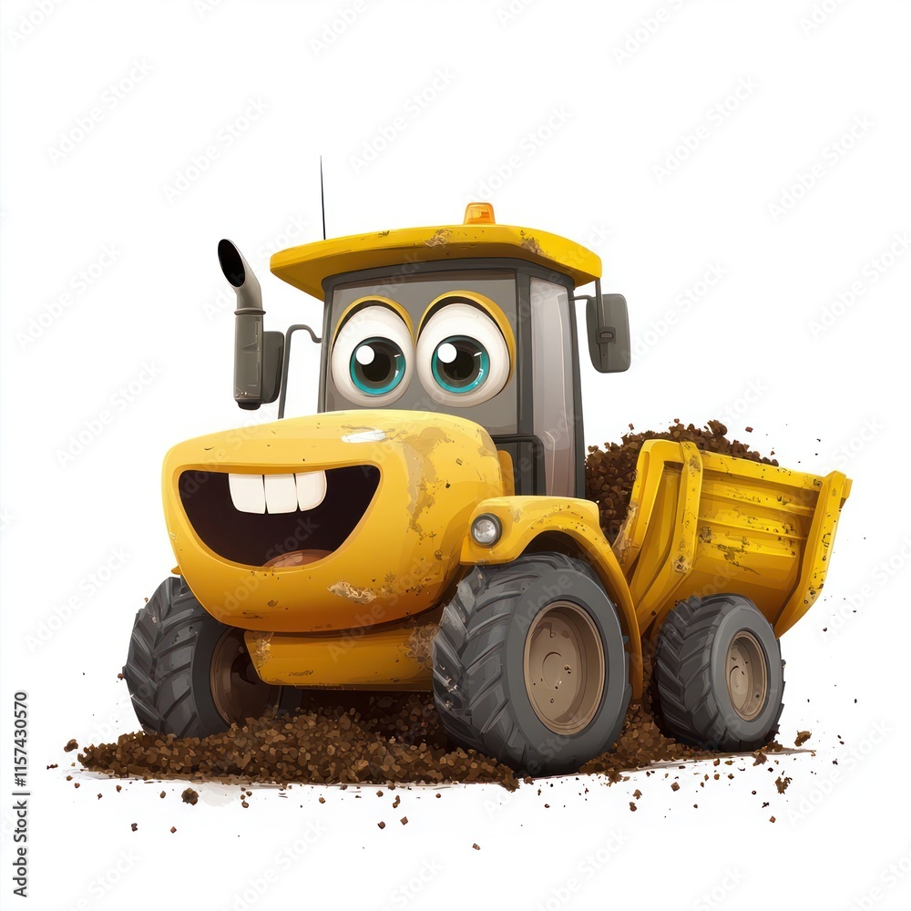 Poster A cheerful yellow manure spreader with big eyes and animated ...