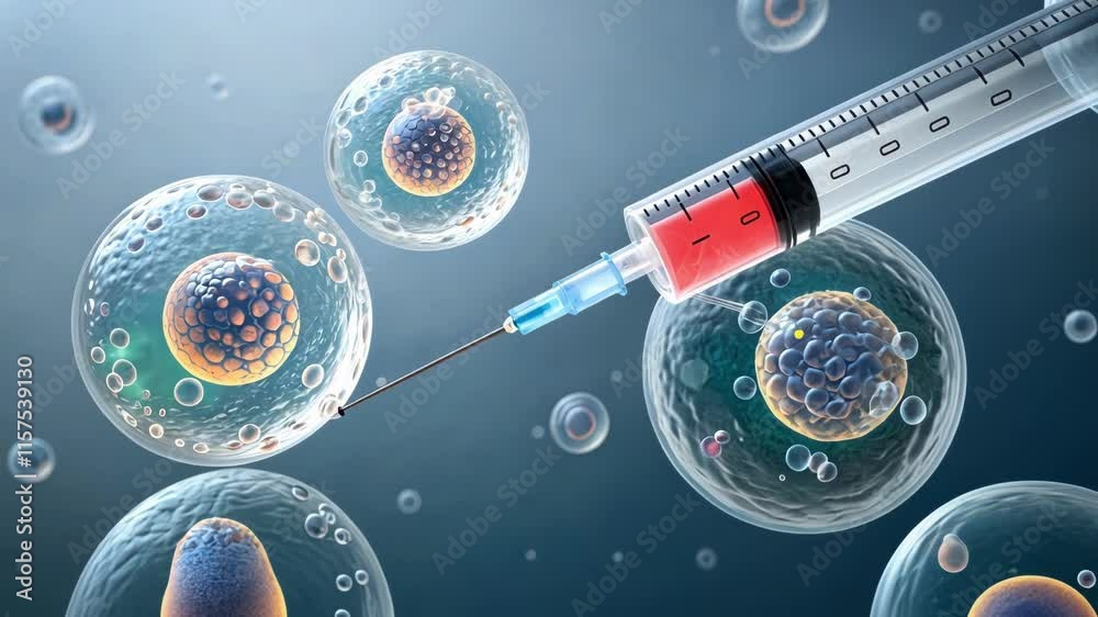 Microscopic view of a syringe injecting a nutrient rich red solution ...