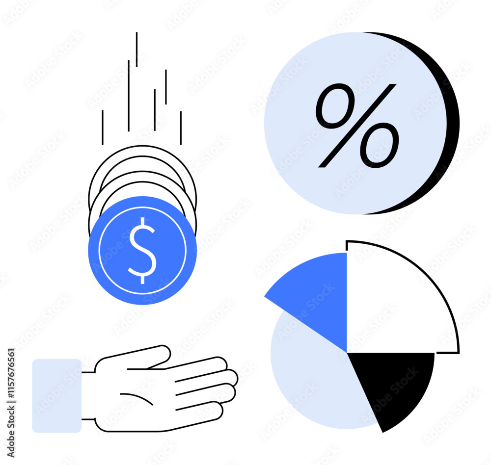 Poster Hand catching falling coins, percentage symbol, pie chart ...