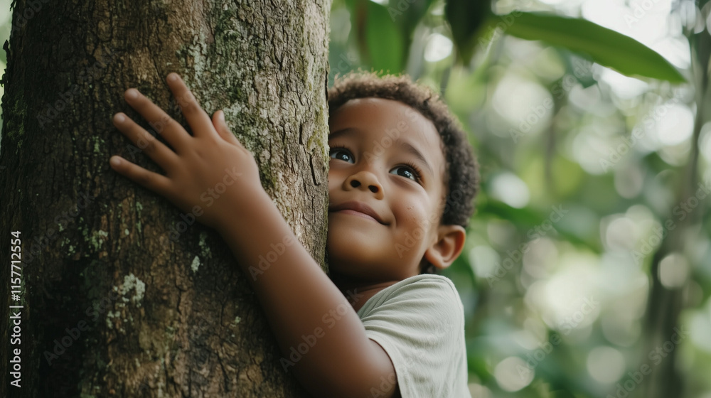 Child Hugging Tree in Lush Forest Showing Love for Nature Stock Photo ...