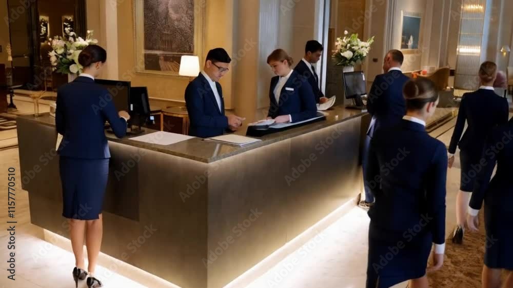 Hotel staff behind the reception desk wearing stylish uniforms and busy ...