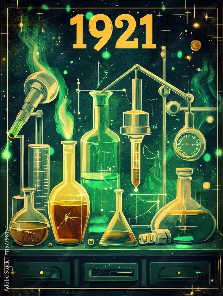 A vibrant laboratory arrangement showcases various glass containers ...