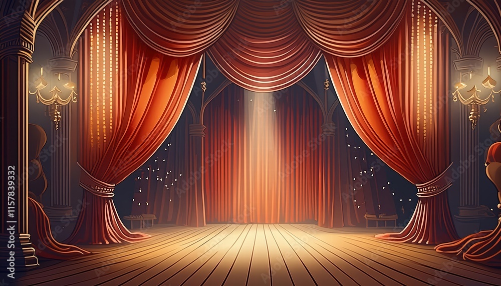 Realistic Theater Red Dramatic Curtains with Spotlight on Stage Classic ...