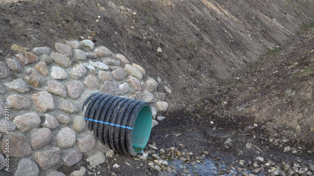 A newly constructed gravel road with a well-engineered embankment and a ...