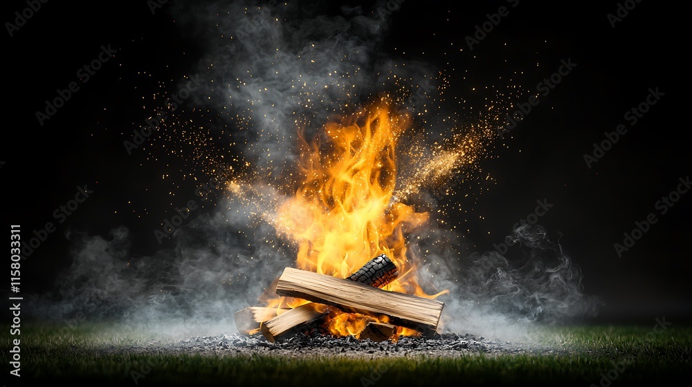 A dramatic photograph of a roaring bonfire at night, with the flames ...