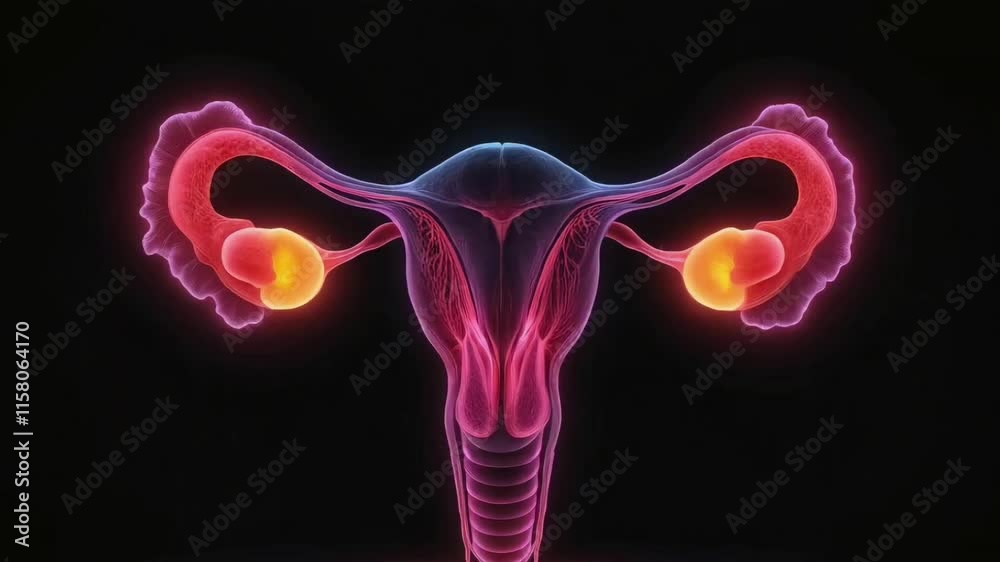 human female reproductive system on black background. Neon uterus and ovaries. Uterus, Female ...