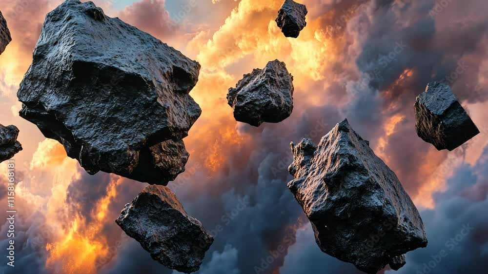 floating meteorites in fiery sky with clouds, dramatic space scene ...