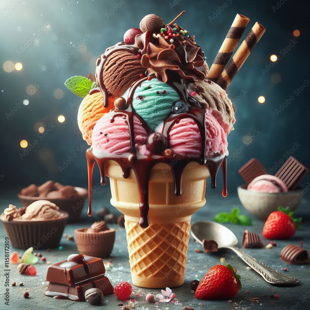 299 Ice Cream Cone Brown cone with various ice cream flavors dri foto ...