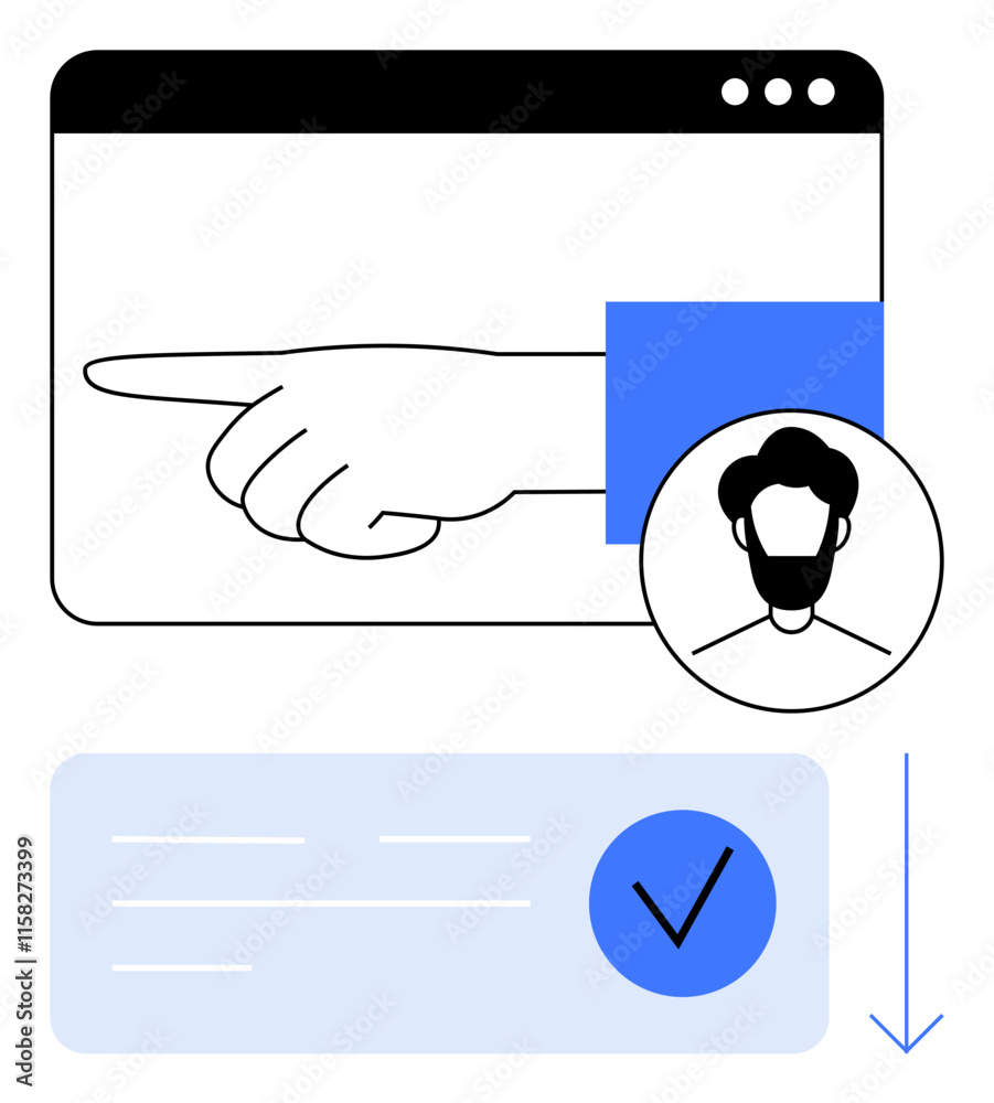 Hand pointing right from a window, user profile icon, check mark in ...