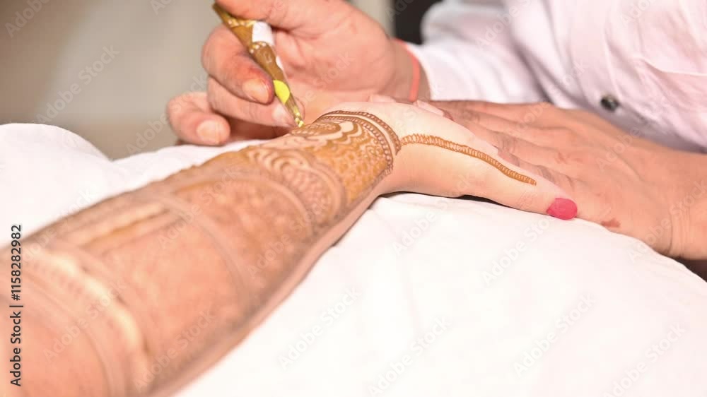 A close-up view of a henna artist applying intricate mehndi (henna ...