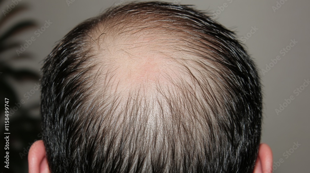 An individual with a receding hairline is holding back their thinning ...