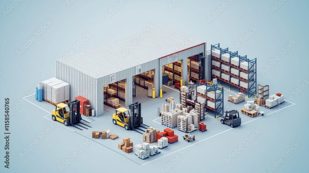 Detailed Overview of a Modern Warehouse Environment with Forklifts and ...