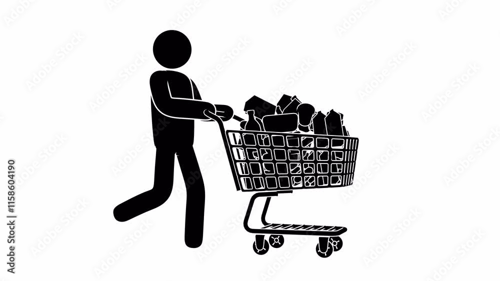 Stickman pushing a shopping cart filled with groceries. Pictogram man ...