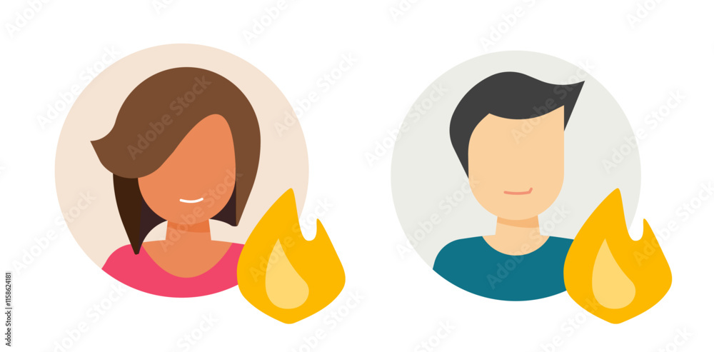 Fire person man icon, hot woman girl symbol flat cartoon graphic ...