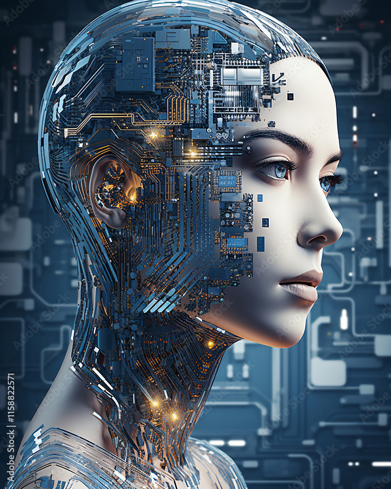 AI with digital brain is learning processing big data. Artificial intelligence in humanoid head ...