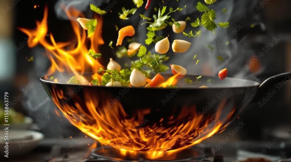 Realistic close up flaming wok with fresh vegetables and garlic Stock ...