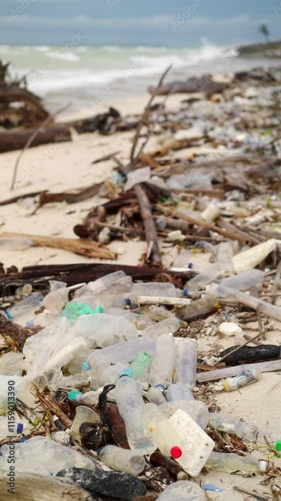 Ocean debris and plastic pollution on tropical beach in Indonesia ...