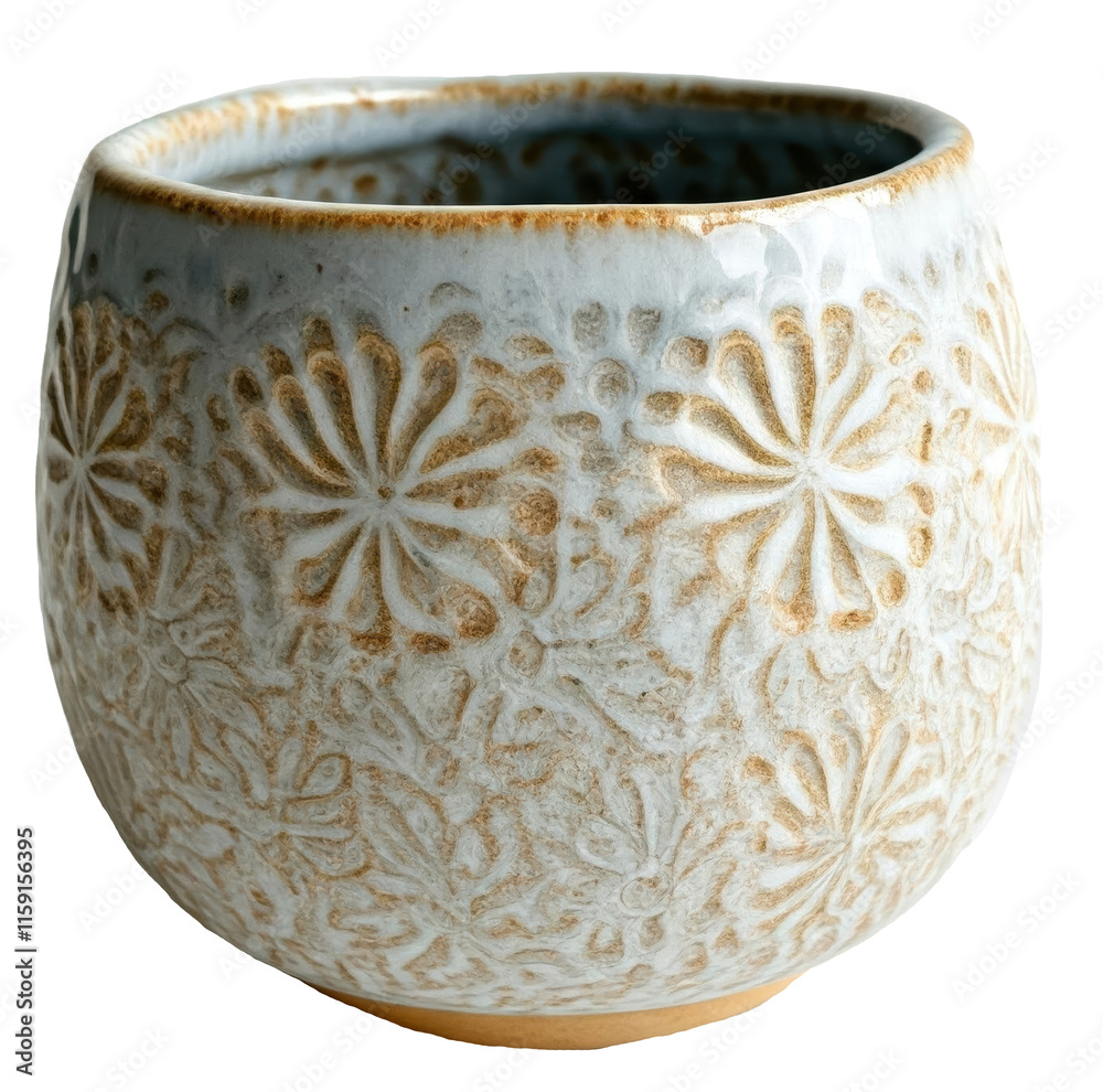 Textured ceramic pot with floral patterns and earthy tones ...
