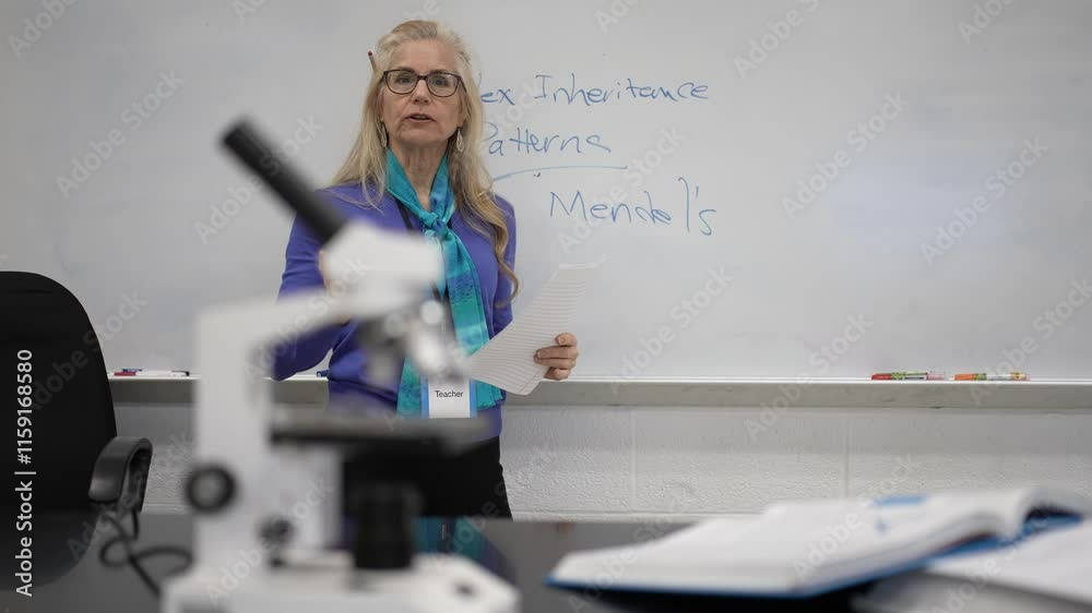 A middle-aged teacher presents on genetics in a classroom, explaining ...