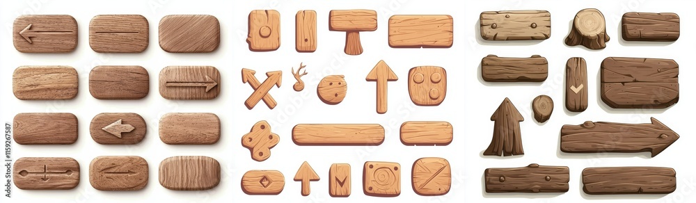 Wood button frame for gaming. Arrow sign board UI interface set. Round ...