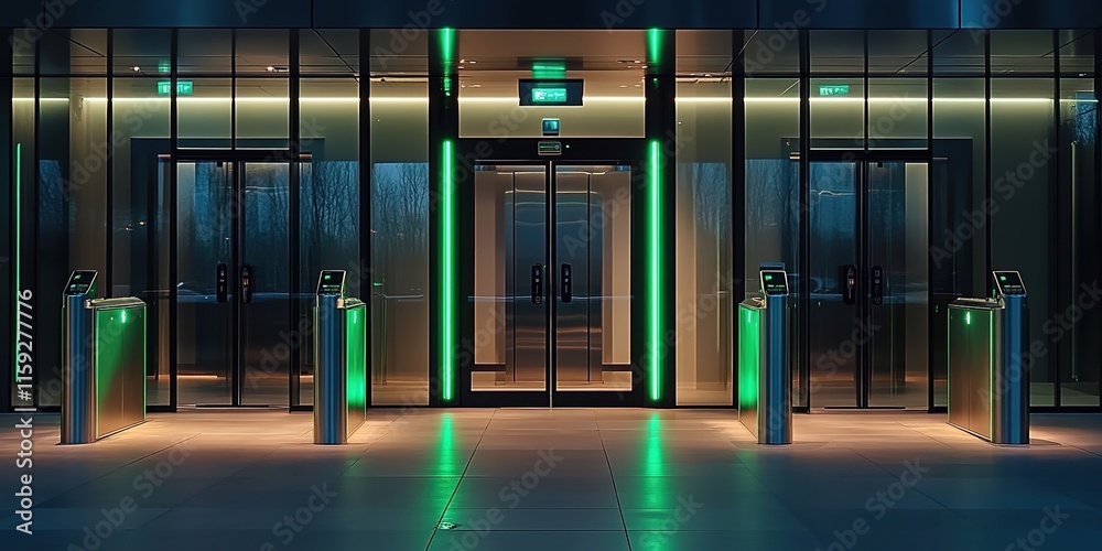 A modern office building entrance with three tall glass doors ...