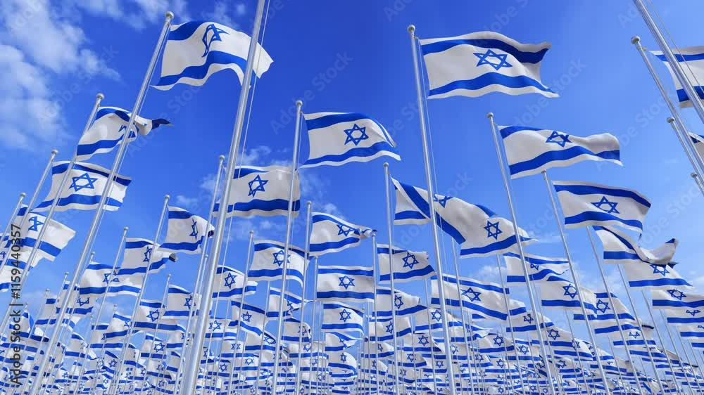 Israel flags with a star of David over clear sky background. Jerusalem ...