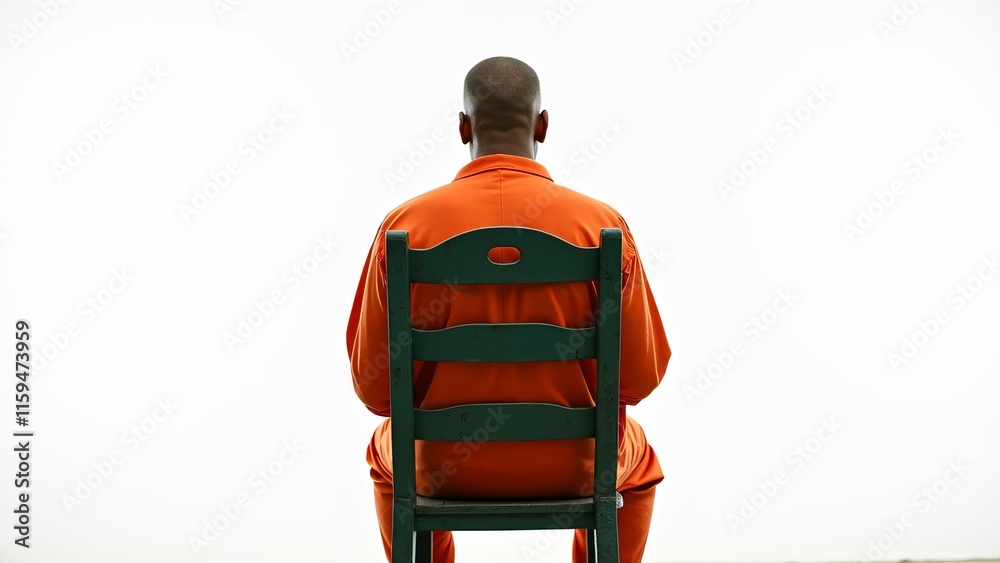A man in an orange prisoner's uniform sitting on a vintage green iron ...