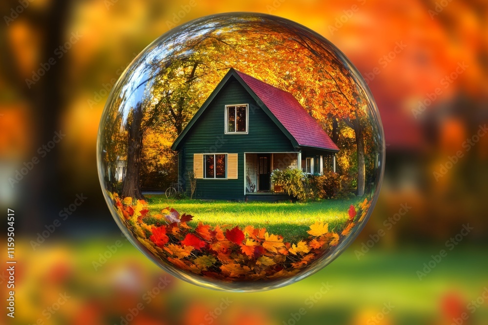 An enchanting green cottage framed by autumn leaves is captured within ...