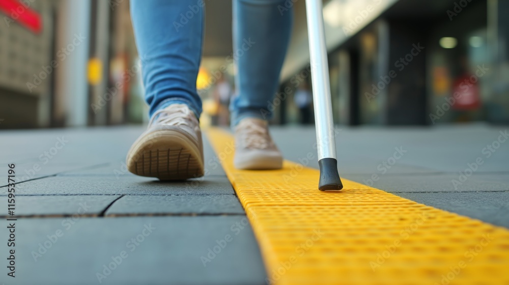 Person Using a Cane on Yellow Tactile Path Outdoors for Accessibility ...