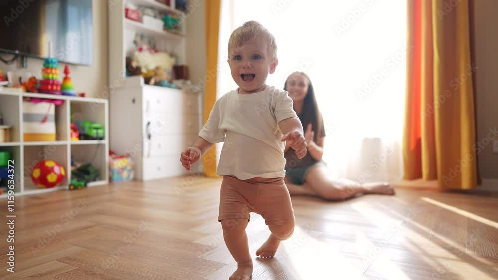 The first steps baby of learning to walk in home. Child toddler family ...