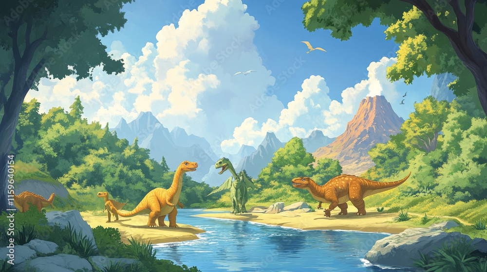 Cartoon dinosaurs drinking water from river on sunny day. Vector ...