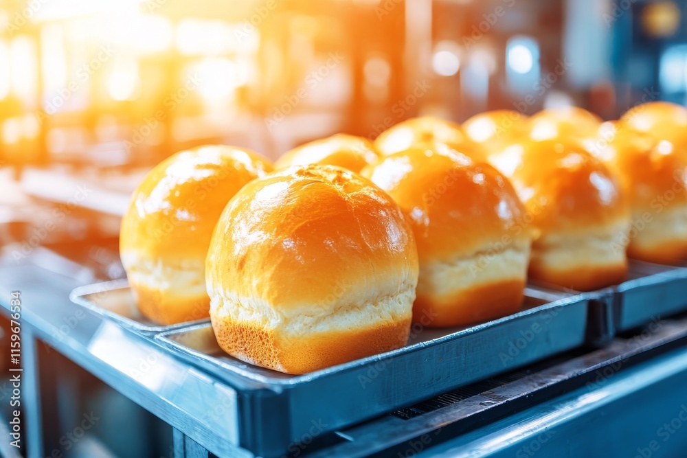 In a bakery, loaves of bread are transported by an automated conveyor ...