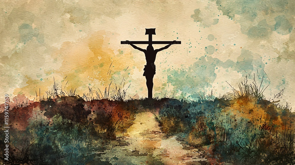 Fotografia Jesus on the cross, surrounded by a wash of soft watercolor ...
