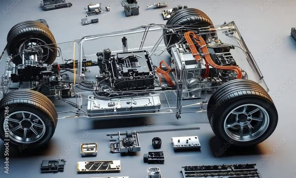 Transparent model of an electric vehicle showcasing its components and ...