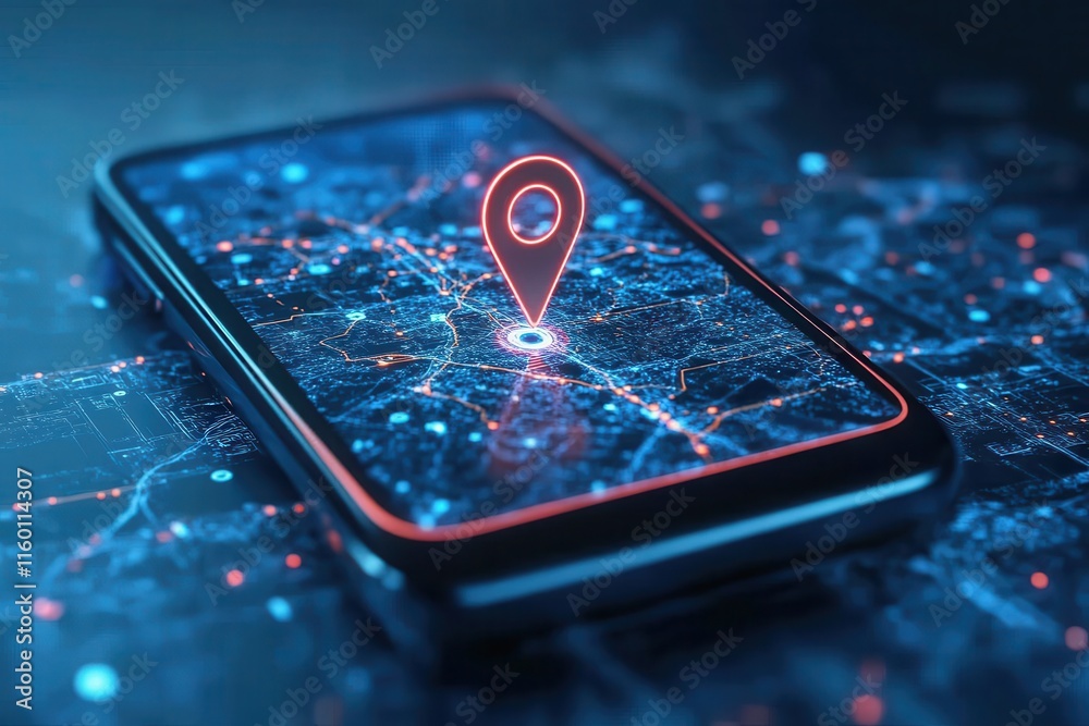 Smartphone displays glowing map with location pin. Illustrates GPS ...