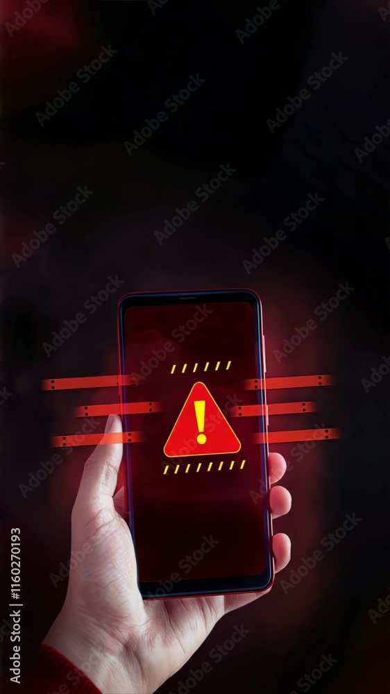 A hand holding a mobile phone showing a red exclamation mark on the ...