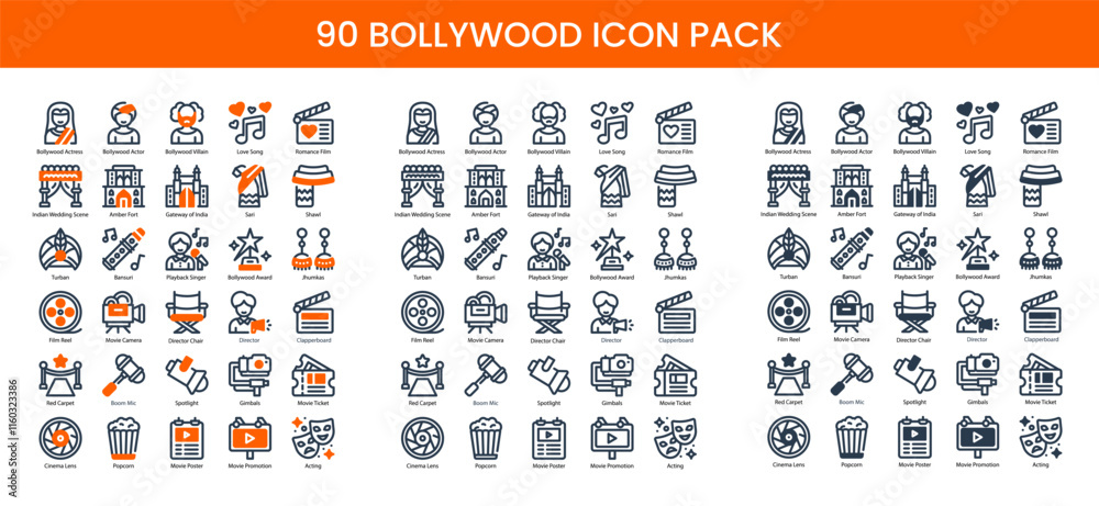 90 Bollywood Icons in 3 Styles (Line, Solid, Two-Tone), Featuring ...
