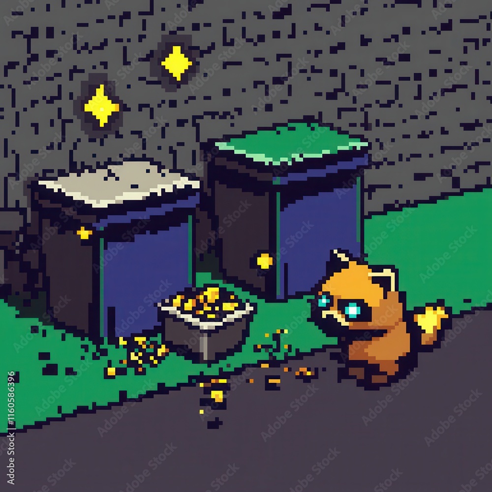 Poster A playful 8-bit pixel art of a glowing pixelated raccoon ...