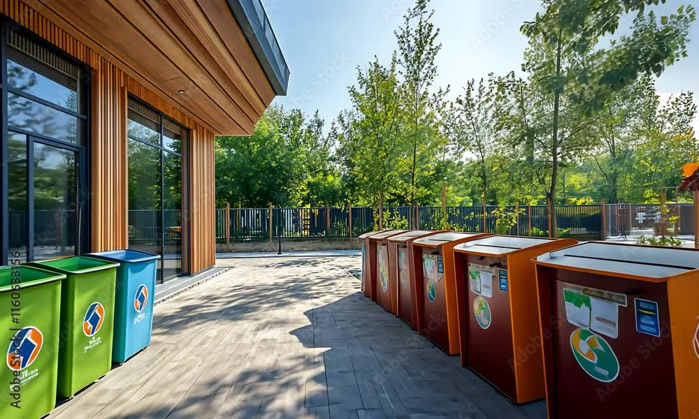 Recycling bins arranged outside a building amidst greenery for waste ...